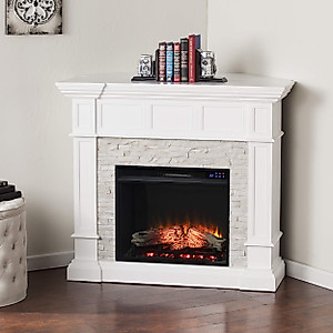 SEI Furniture Merrimack Faux Stone Corner Convertible Electric Fireplace, New Fresh White