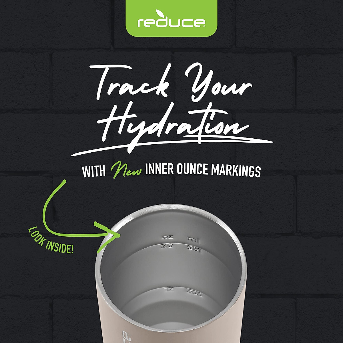 REDUCE Cold1 24 oz Tumbler with Lid and Straw - Dual-Wall Vacuum Insulated Stainless Steel Tumbler - Keeps Drinks Cold up to 24 Hours - Inner Ounce Markings to Track Hydration - OG Sand