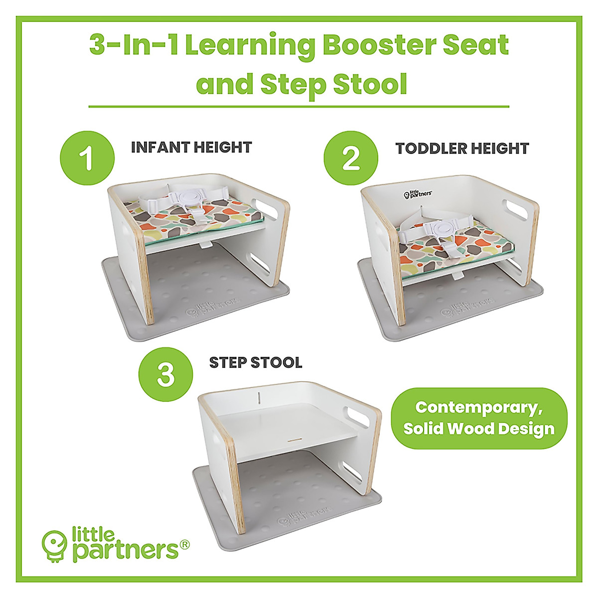 Little Partners® 3-in-1 Wooden Learning Booster Seat for Toddlers - Converts to Step Stool for Kids - Seat Cushion, Silicone Mat, and Booster Chair with Safety Straps - Feeding Chair (White)