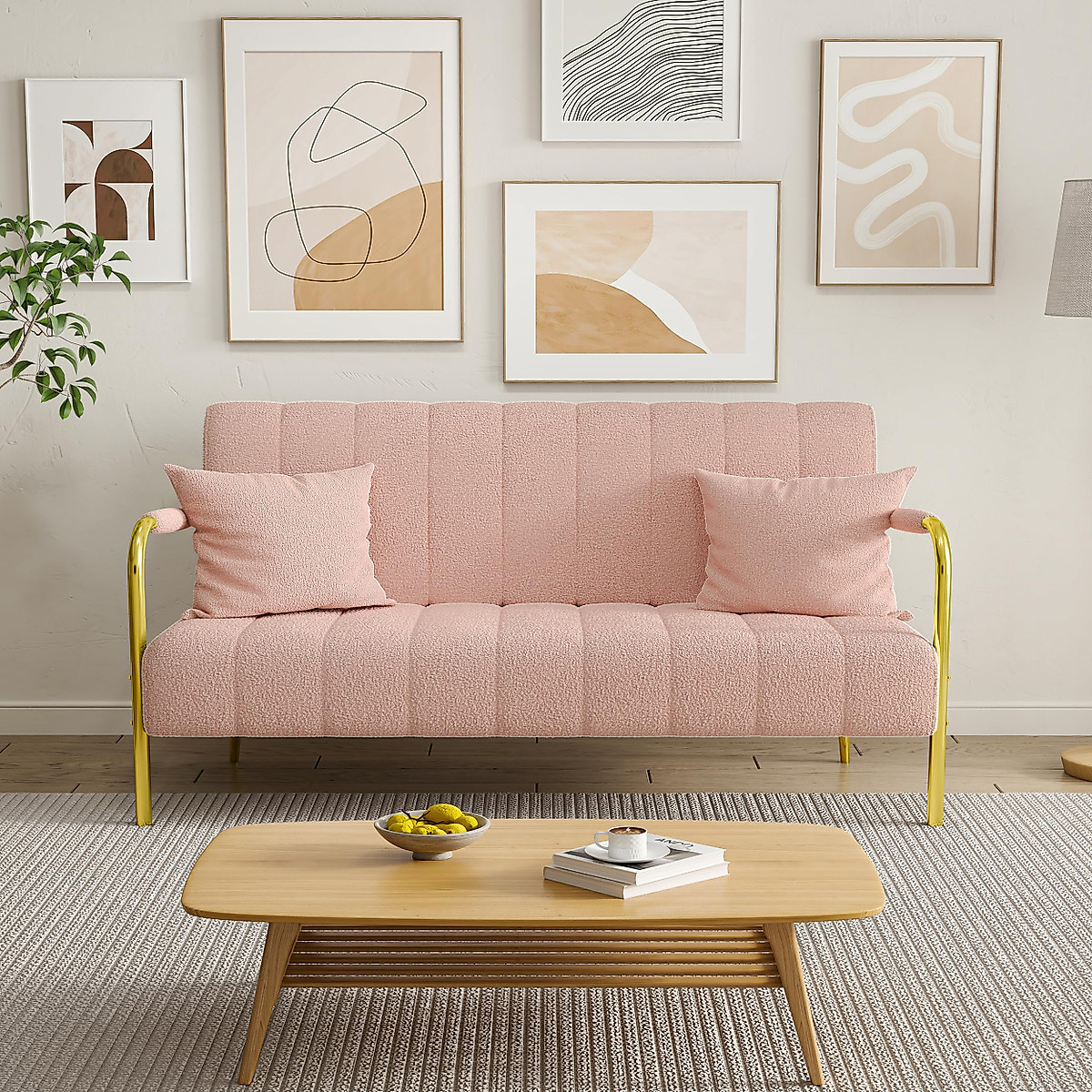 Klwenas Maec 59" Modern Cashmere Loveseat Sofa,Tufted Small Love Seat w/2 Pillows Golden Chrome Legs,2-Seater Upholstered Mini Sofa Couches for Small Space,Living Room Home Office (Pink)