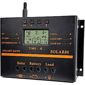 Solar Charge Controller 80A PWM 12V 24V 1920W Solar Panel Charger Discharge Regulator with 5V USB Output Multip Circuit Protection Anti-Fall Durable ABS Housing Discharge Regulator for Lighting System