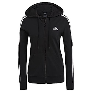 adidas Women's Essentials Single Jersey 3-Stripes Full-Zip Hoodie, Black/White, Medium