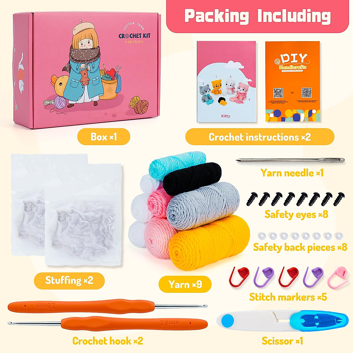 Crochet Kit for Beginners - Cat Crochet Kit with Step-by-Step Video Tutorials, Learn to Crochet Kits for Adults and Kids, 4 PCS Cat with Hat, Toy, Fish Crocheting Set