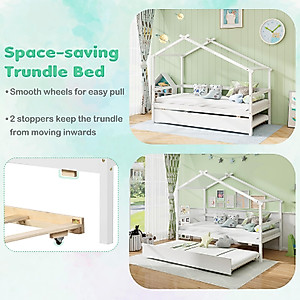 Giantex Wood House Bed for Kids, Twin Bed Frame with Trundle Bed Twin, Kids Bed Frame with Headboard and Footboard, Twin Size House Bed for Kids, Girls, Boys (White)