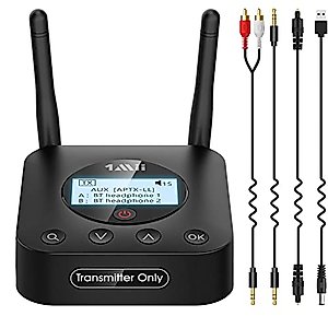 1Mii B06TX+ Long Range Bluetooth 5.0 Transmitter for TV/PC/Projector to 2 Wireless Headphones/Speakers, Bluetooth Adapter for TV w/Screen Display Plug n Play, aptX Low Latency & HD Audio