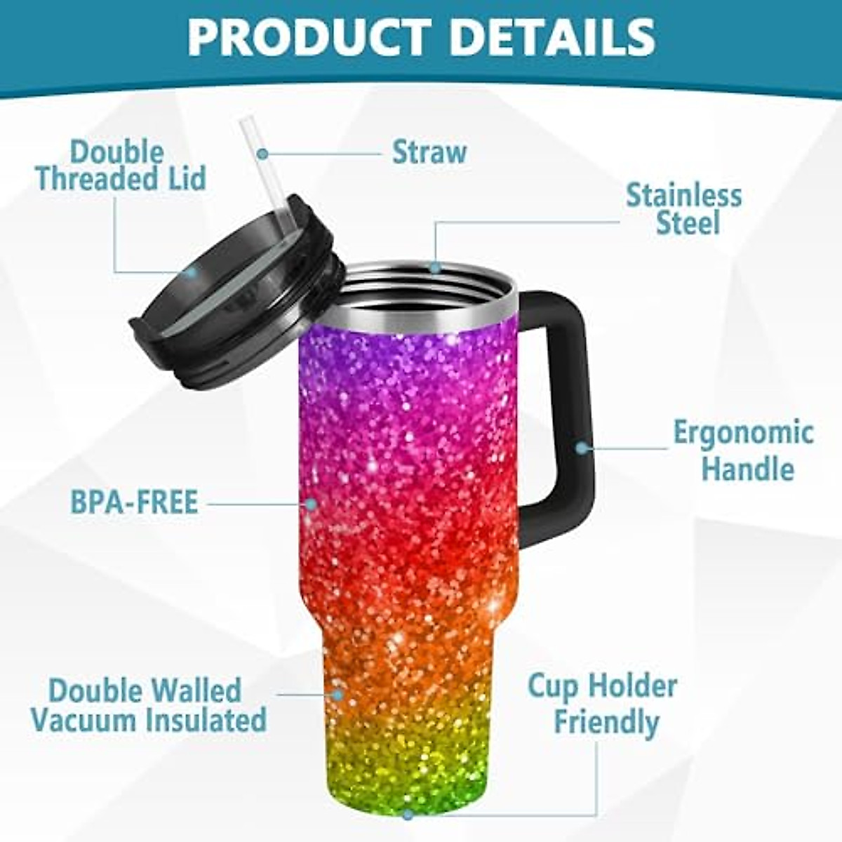 Yasala Car Tumbler with Handle Rainbow Glitter Shine Travel Mug Coffee Cup Insulated Beverage Container Mega Cup for Hot Cold Drinking Thermos Water Bottle Cupholder Friendly 40 oz