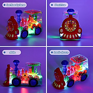 Light Up Train Toys,Fun Electric Transparent Gear Sensory Toy for Kids with Colorful Light Music and Moving Gears,Tummy Time Crawling Baby Toys for Boys Girls