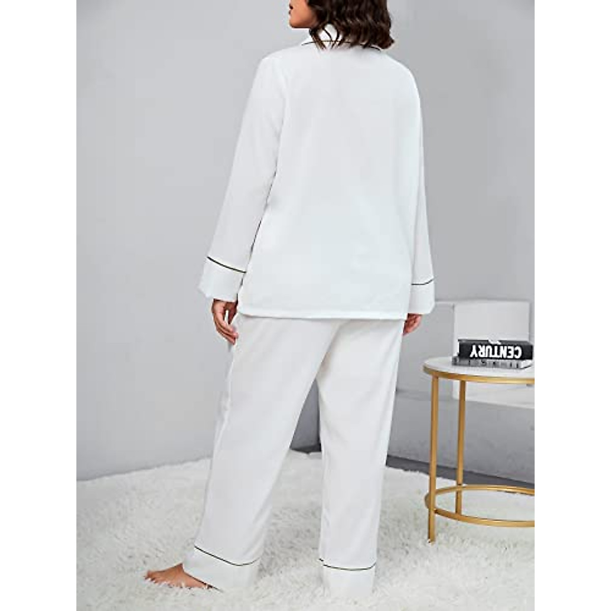 WDIRARA Women's Plus Size Letter Print 2 Piece Satin Pajama Set Silk Shirt and Pants Sets White 1XL