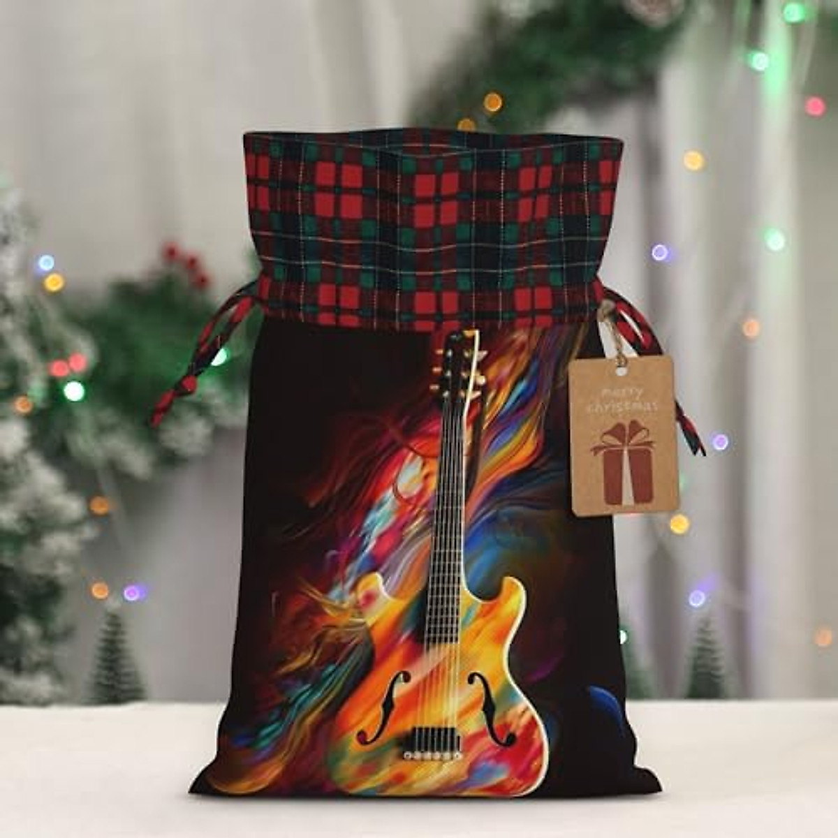 Christmas Gift Bags with Drawstring Burlap Gift Bags Abstract Guitar Christmas Linen Bags for Xmas Party Candy Bags with Cards Xmas Reusable Wrapping Bags Christmas Linen Treat Bags for Holiday