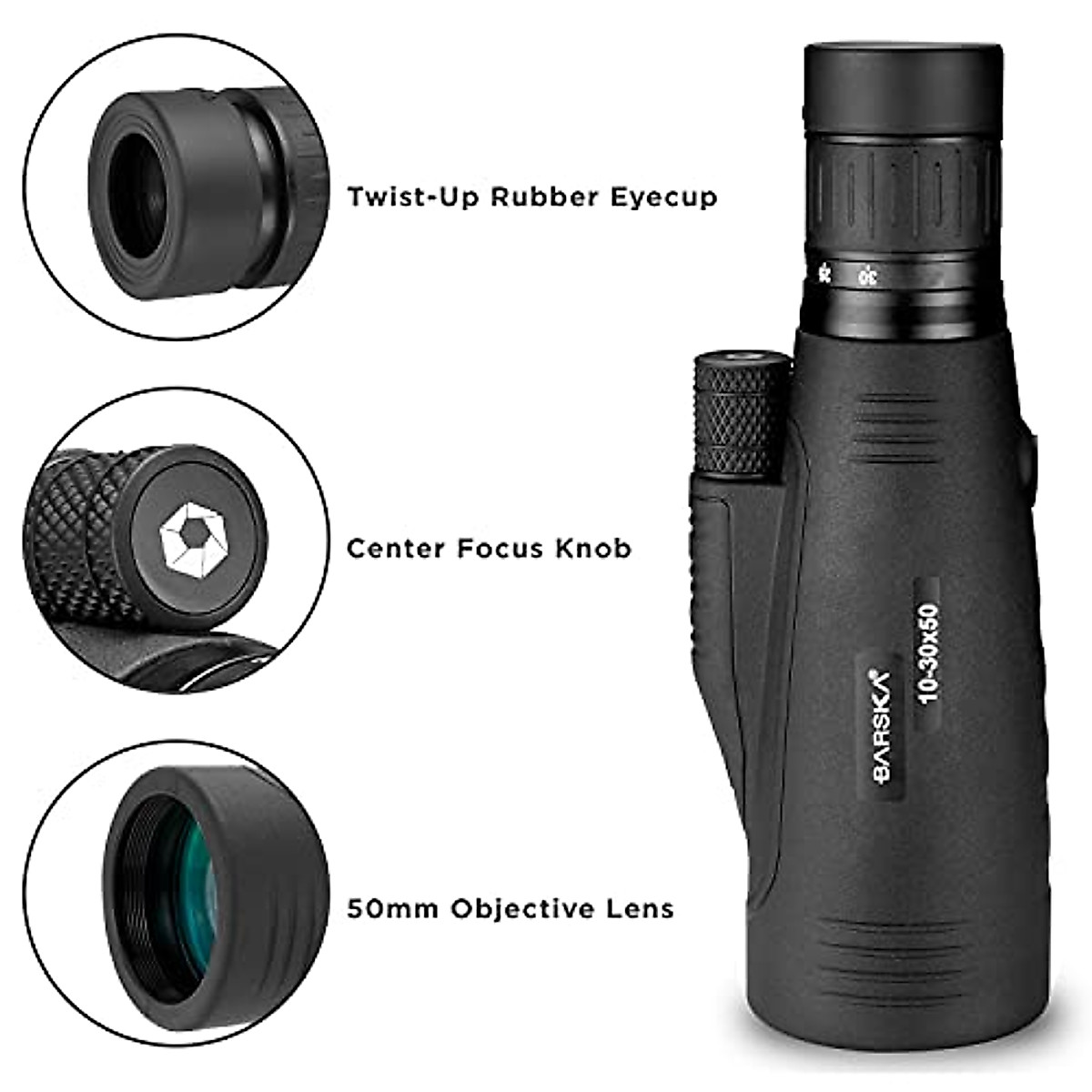 BARSKA 10-30x50mm Blackhawk Precision Zoom Monocular for Bird Watching, Travel, Hunting, Boating, and Camping.