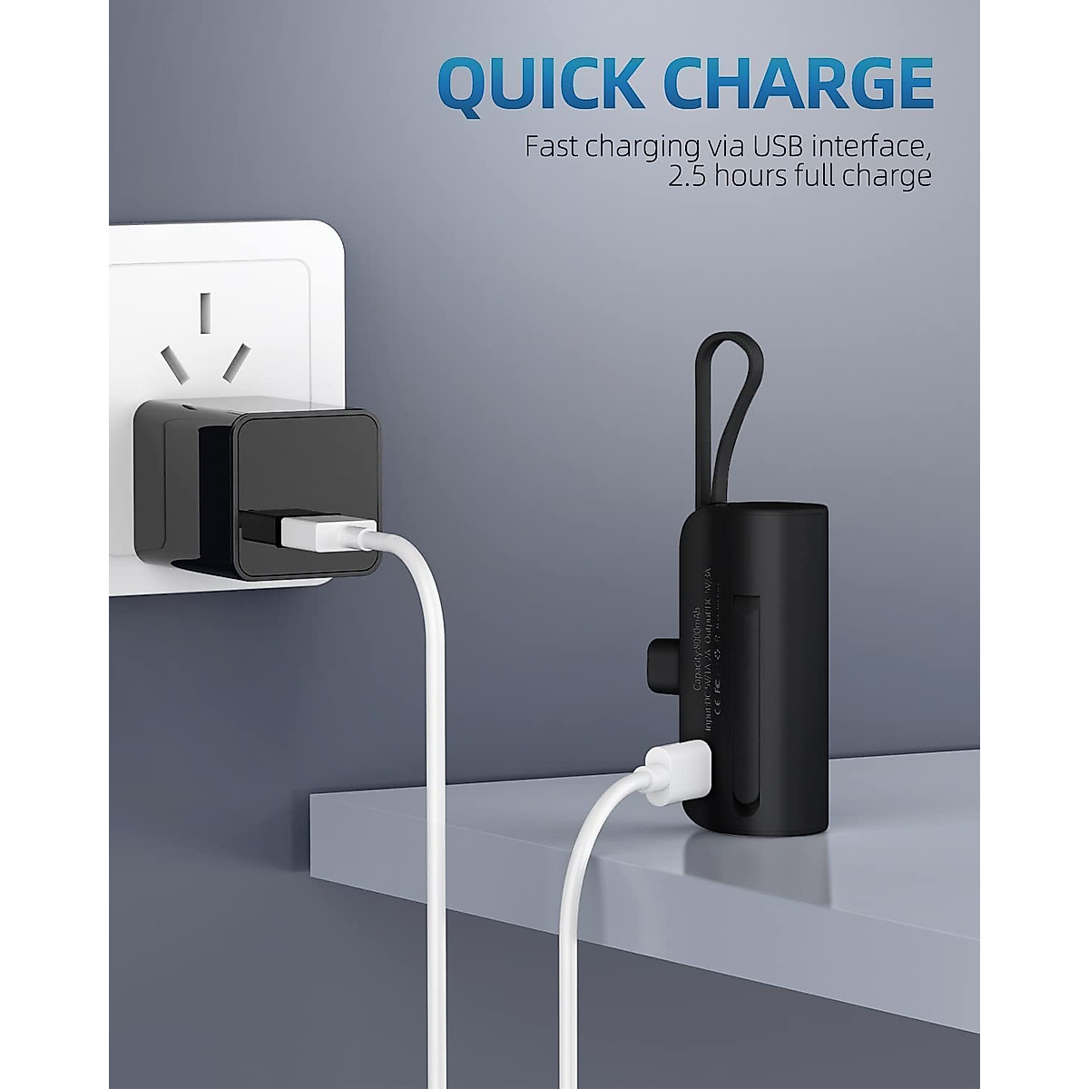 Abnoys Power-Bank-Portable-Charger - 8000mAh Ultra Compact Portable Phone Charger 5V3A Output Battery Pack Built-in Type-C Cable and Cell Phone Holder Compatible with iPhone and Samsung, etc. (Black)