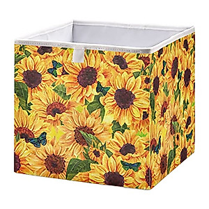 Kigai Vintage Sunflower Storage Baskets, 16x11x7 in Collapsible Fabric Storage Bins Organizer Rectangular Storage Box for Shelves, Closets, Laundry, Nursery, Home Decor