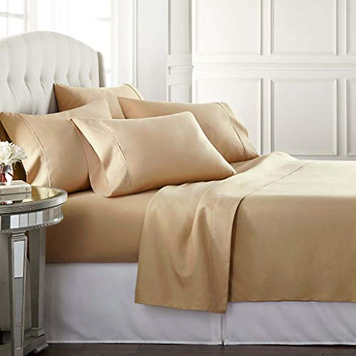 6 Piece Hotel Luxury Soft Cotton Premium Bed Sheets Set, Deep Pockets, Bedding Set Beige Solid,Twin Extra Long - 39" x 80" Fits Mattress Upto 30-35 inches 600-TC