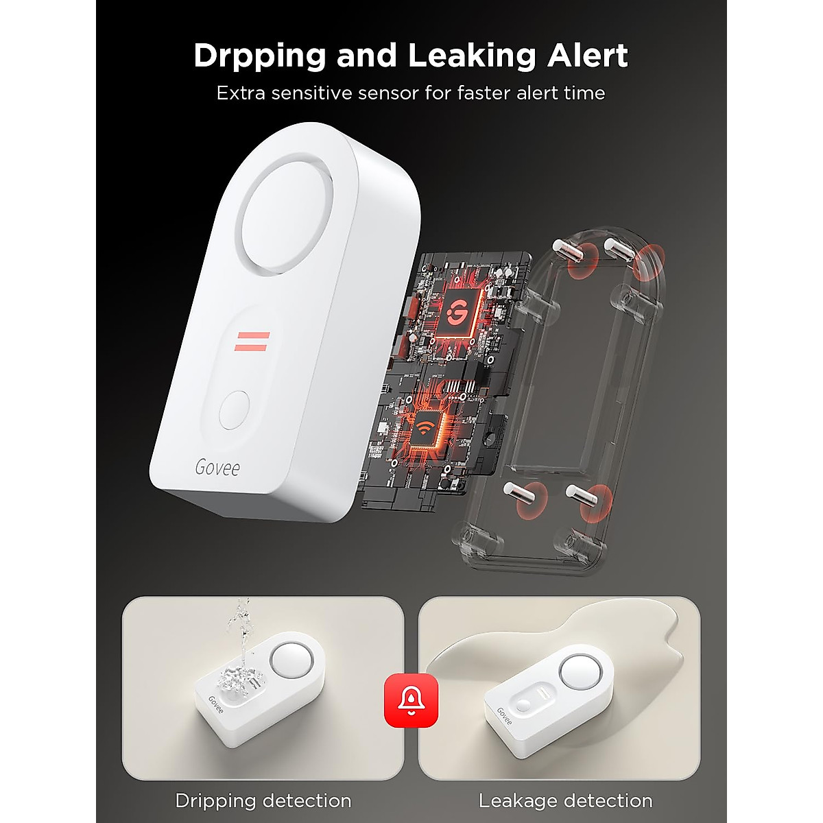 Govee WiFi Water Sensor 2 Pack, 100dB Adjustable Alarm and App Notifications, Leak and Drip Alerts by Email, Detector for Home, Bedrooms, Basement, Kitchen, Bathroom, Laundry(Not Support 5G WiFi)