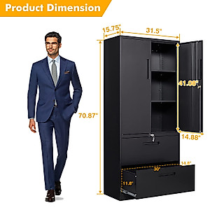 STANI 2 Drawer Lateral File Cabinet, Metal Storage Cabinet with Drawers, Locking File Cabinet with Storage Shelves, Metal Storage Cabinets for Letter/Legal/F4/A4 Size Files (Two Drawer, Black)