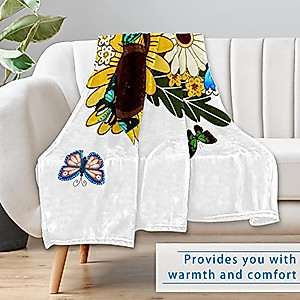 Beautiful Butterfly Sunflower Prints Soft Warm Cozy Blanket Throw for Bed Couch Sofa Picnic Camping Beach, 150×100cm