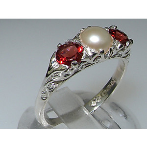 LetsBuyGold 925 Sterling Silver Cultured Pearl and Garnet Womens Band Ring - Size 7