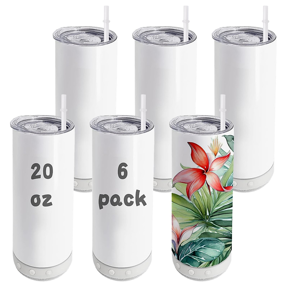 Lilsofee 6 Pack 20 OZ Sublimation Blank Tumblers Bulk Stainless Steels Double Vacuum Bluetooth Speaker Music Insulated Tumbler with Lid and Straw Metal Cup White