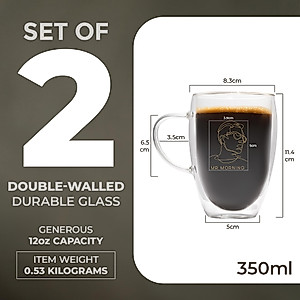 GLORAMA Double Walled Glass Coffee Mugs for Couples - Espresso Cups, Coffee Cups for Couples with Gold Line Art Inscription, Freezer & Microwave Safe (12oz)