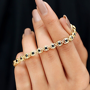 2 CT Bezel Set Black Onyx Unisex Round Shape Tennis Chain Bracelet (AAA Quality), 14K Yellow Gold, 6.5 inches