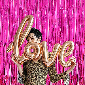 2pcs 3.2ft x 8.2ft Hot Pink Metallic Tinsel Foil Fringe Curtains for Birthday Wedding Bridal Shower Baby Shower Bachelorette Celebration Party Decorations