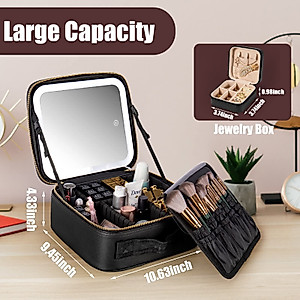 Extrei Gent Makeup Travel Train Case with Mirror LED Light 3 Adjustable Brightness Cosmetic Bag Portable Storage Adjustable Partition Waterproof Brushes Makeup Jewelry Gift for Women, Black