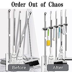 AceMining 3 Pack 5 Racks and 4 Hooks Broom and Mop Holder Wall Mounted Garage Organizer Storage Tool Racks Stainless Steel Heavy Duty Hooks Self Adhesive Solid Non-slip Wall Hangers…