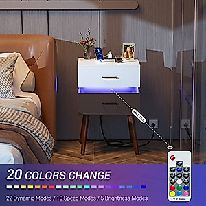 armocity Nightstands with Charging Station and LED Light, Bedside Table with Drawers, Modern Nightstand with Charging Port, Sturdy Night Stands with Light for Bedrooms, Guest Room, White and Black