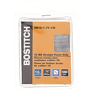 BOSTITCH Finish Nails, Bright , 1-3/4-Inch, 16GA, 1000-Per Box (SB16-1.75-1M)