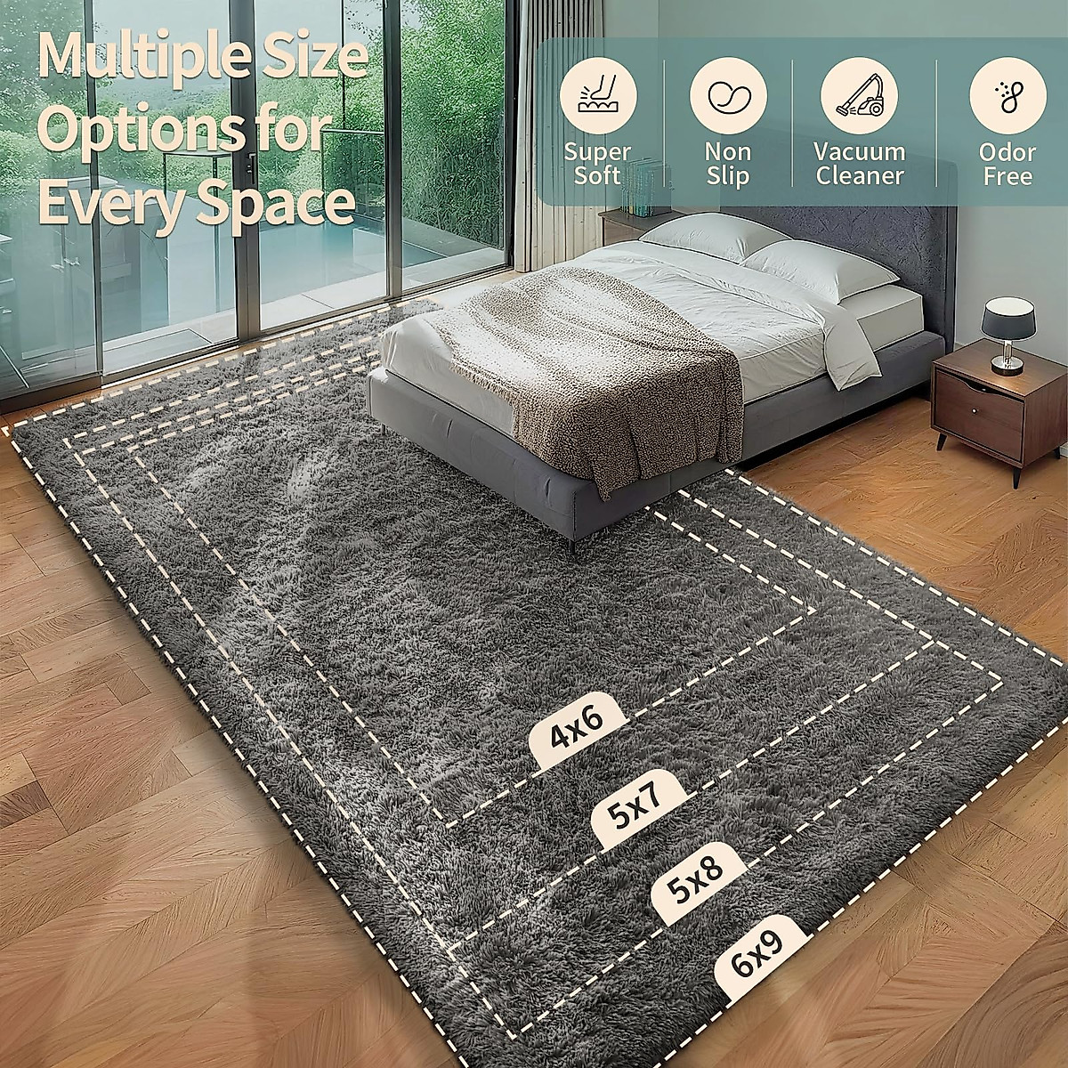 Ophanie Rugs for Bedroom Living Room, 4x5.3 Area Rug Grey Fluffy Fuzzy Soft Plush Shaggy Large Bedside Carpet, Big Indoor Floor Rug for Kids Girls Boys Home Decor Aesthetic, Dorm Nursery Gray