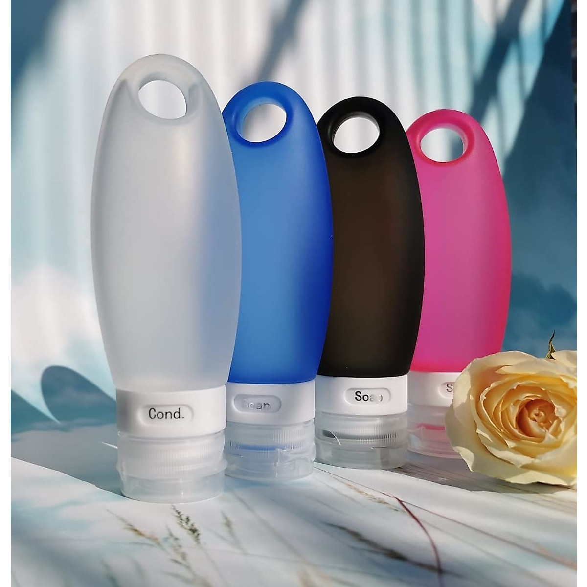 SANTREST Gym Refillable Bottles Leak Proof Camping Travel Containers with Shower Lanyard,3.3oz TSA Approved Squeezable Silicone Travel Tube Set for Gym Shampoo Lotion Soap