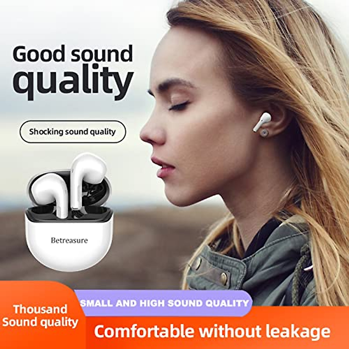 Betreasure Active Noise Cancelling Wireless Earbuds, in-Ear Headphones, IPX5 Waterproof Bluetooth 5.0 Stereo Earphones, with Charging Box Sports Headset for Smart Phones (White)