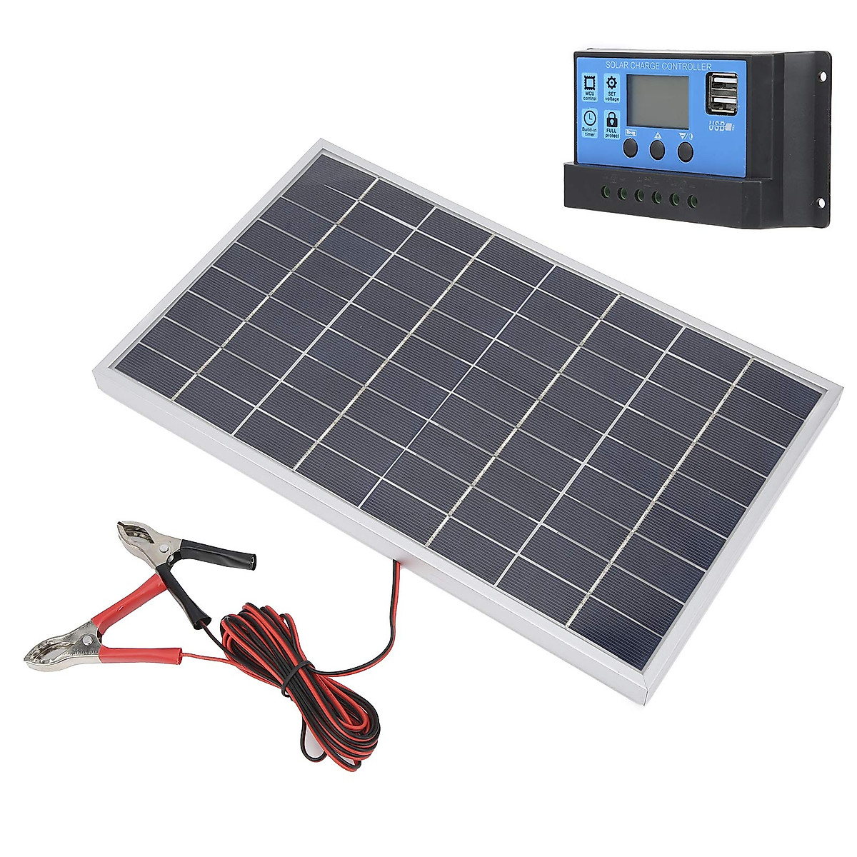 Solar Panel, 15W 18V Polycrystalline Solar Panel 12V/24V PWM Solar Controller 2pcs LED Bulb for Car RVs Ship Battery Charger(10A)