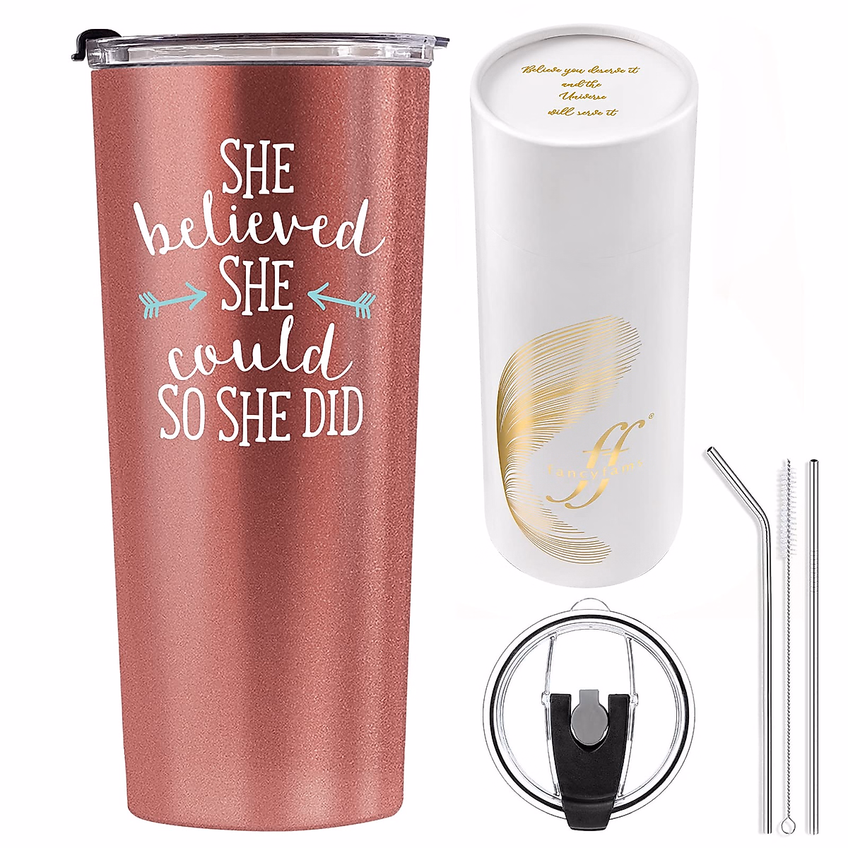 Fancyfams She Believed She Could So She Did, 22 oz Stainless Steel Tumbler, Congratulations Gifts, College Graduation Gifts for Her, Encouraging Gifts for Women (22oz - Rose Gold)