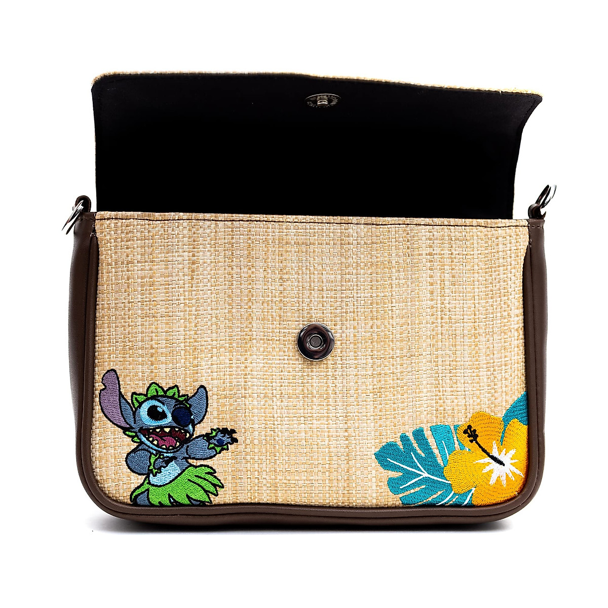 Disney Bag, Fold Over Crossbody, Lilo and Stitch Embroidered Stitch Poses, Raffia Straw