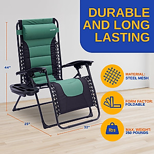 SereneLife SL1ZGRCP36.5 Outdoor Foldable Padded Zero Gravity Lawn Chair-Adjustable Recliners with Plastic Cup Holder Side Table and Pillow (Green and Black)
