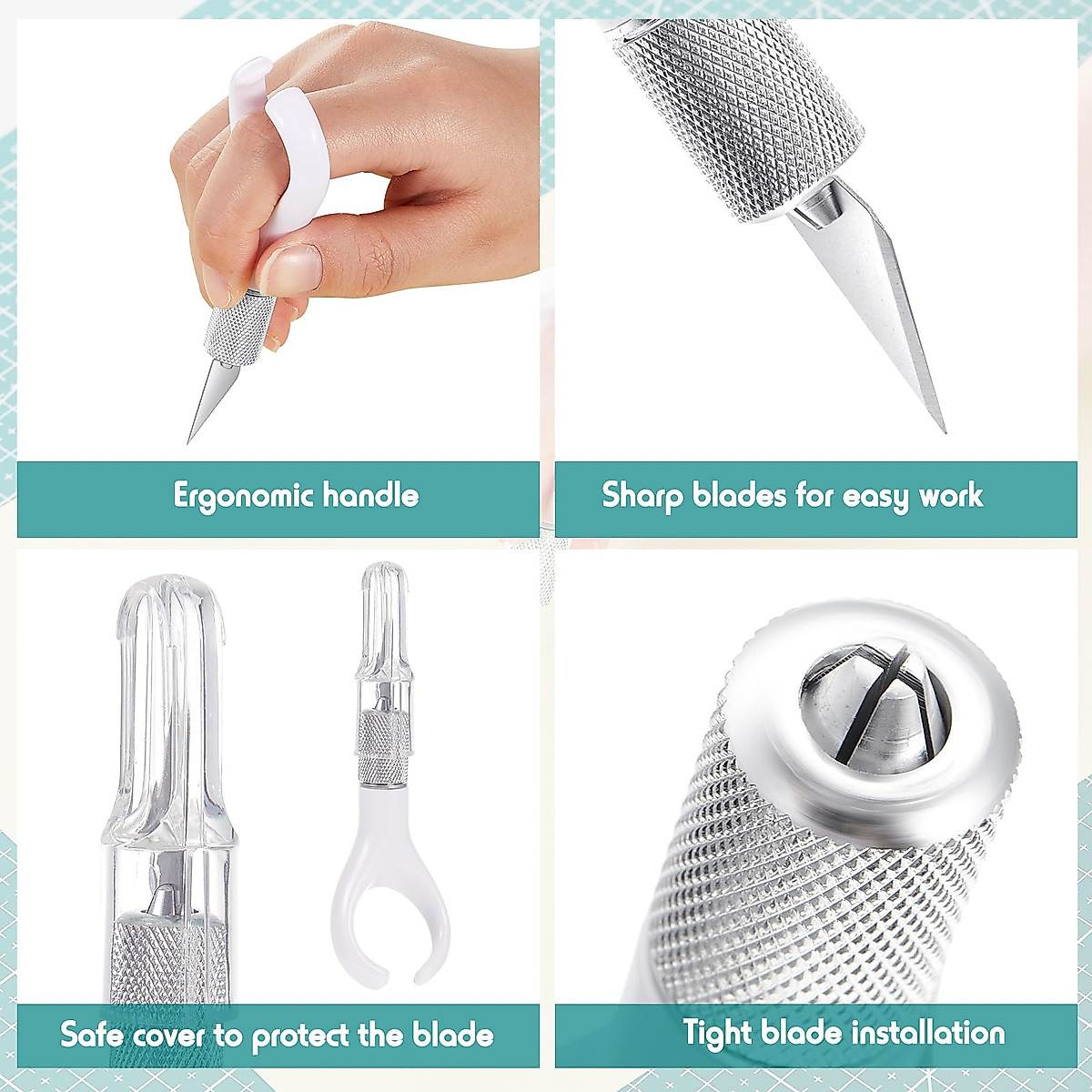 Lasnten 2 Pack Fingertip Craft Knife 4.2 Inch Finger Detail Knife with Blades Ergonomic Hobby Knife Handle with Finger Grip Cutting Tool for Precision Cutting and Trimming, 10 Pcs Blades