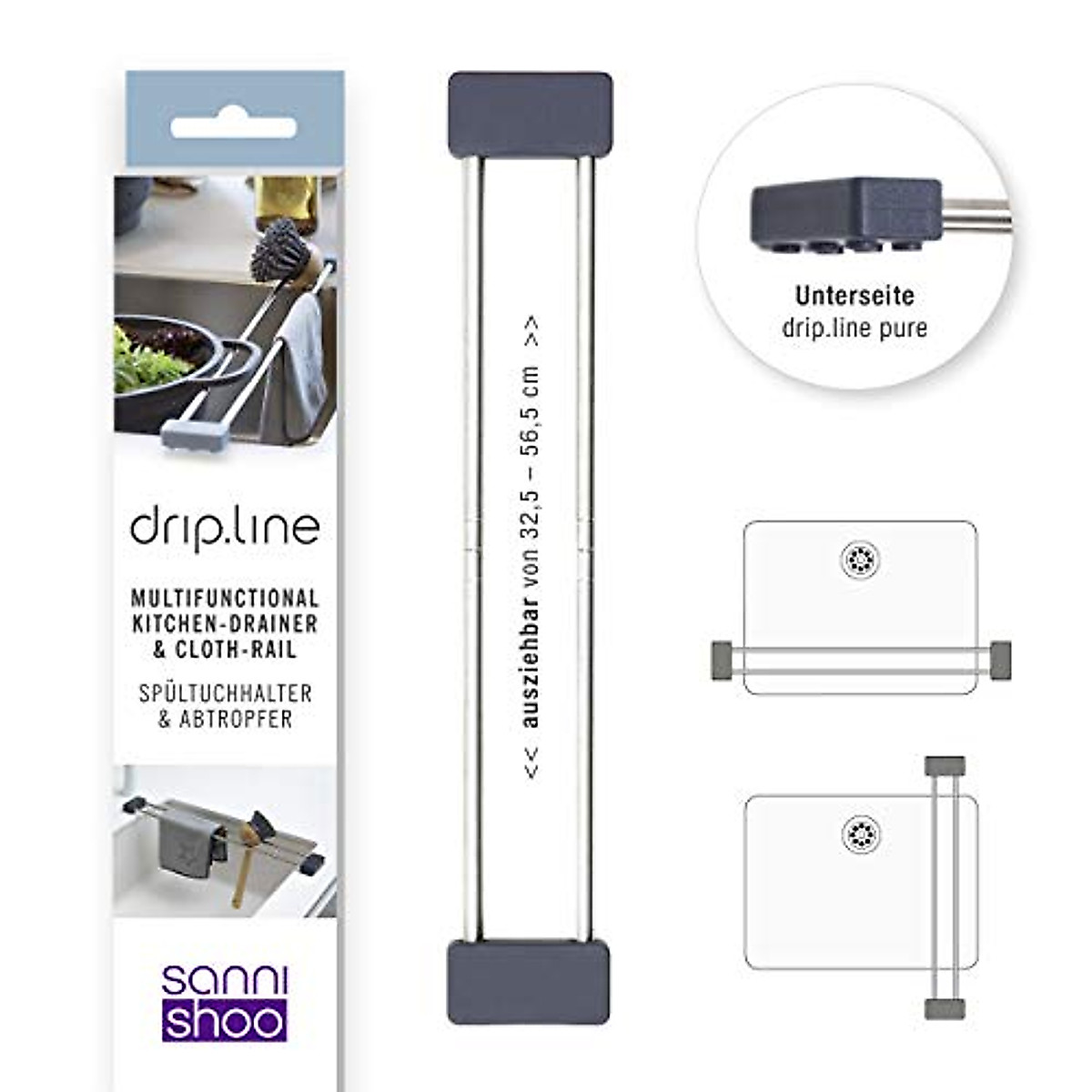 Sanni Shoo drip.line Pure - Adjustable Drip Tray - Practical, Multifunctional Kitchen Rack for Storing Dishcloths and Brushes Hygienically - Drip Drying Bottles - Heat-Resistant (Anthracite, Pure)