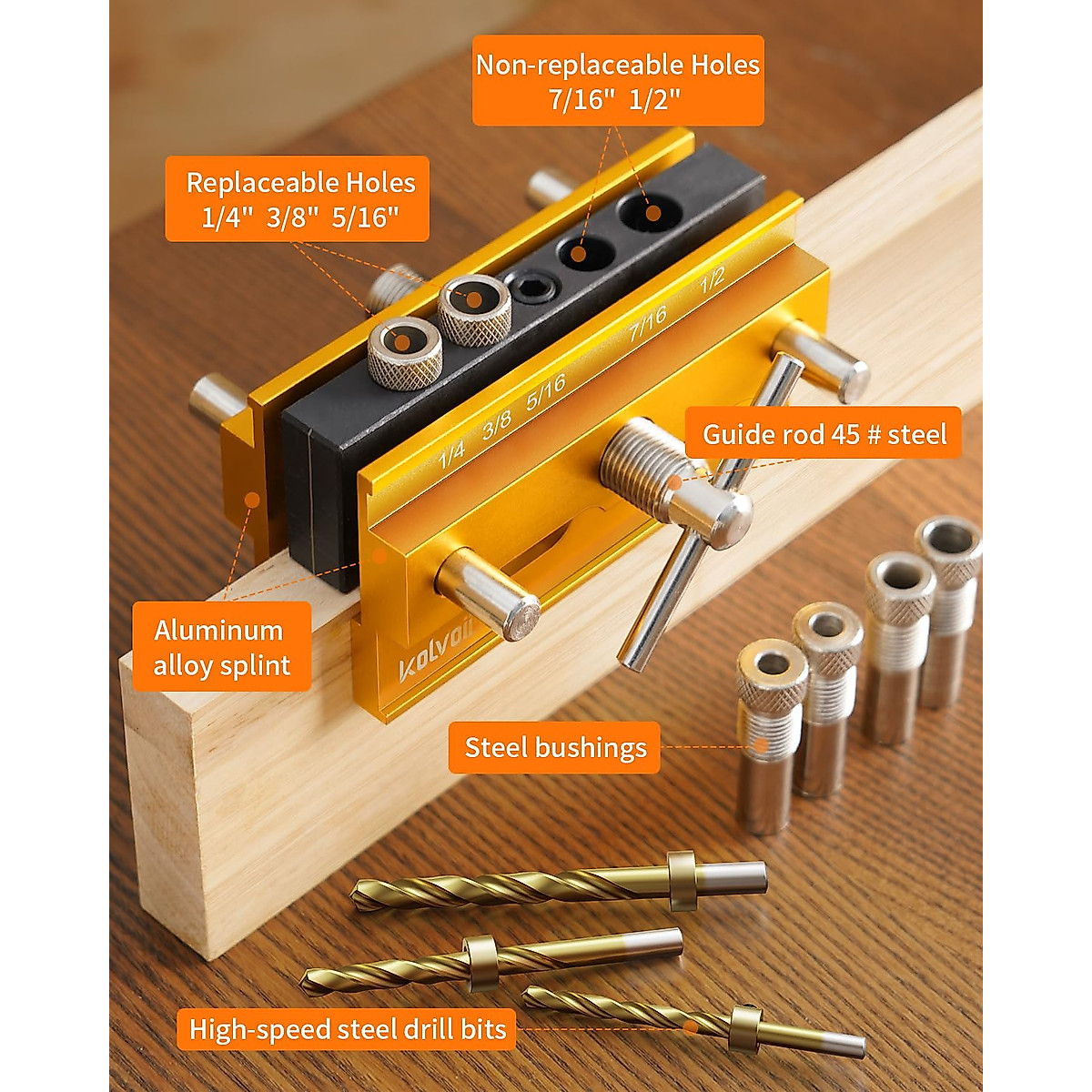 Kolvoii Self Centering Doweling Jig, Dowel Jig Kit Width Adjustable for Straight Holes Biscuit Joiner Tools with 3 High Speed Steel Drill Bits, 6 Drill Guide Bushings(Gold)