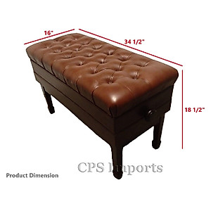 CPS Imports Genuine Leather Adjustable Duet Size Artist Concert Piano Bench Stool in Walnut Satin with Music Storage
