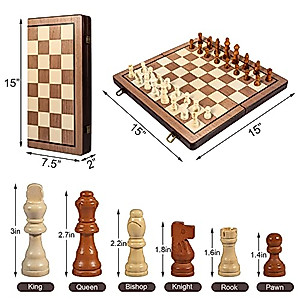 Anzid 15" x 15"Chess,Magnetic Suction Chess,2 Queen Chess Checkers 2-in-1 Chess Board Set,Portable Folding Chess,Magnetic Suction Piece & Storage Box,Beginner Chess Sets for Children and Adults