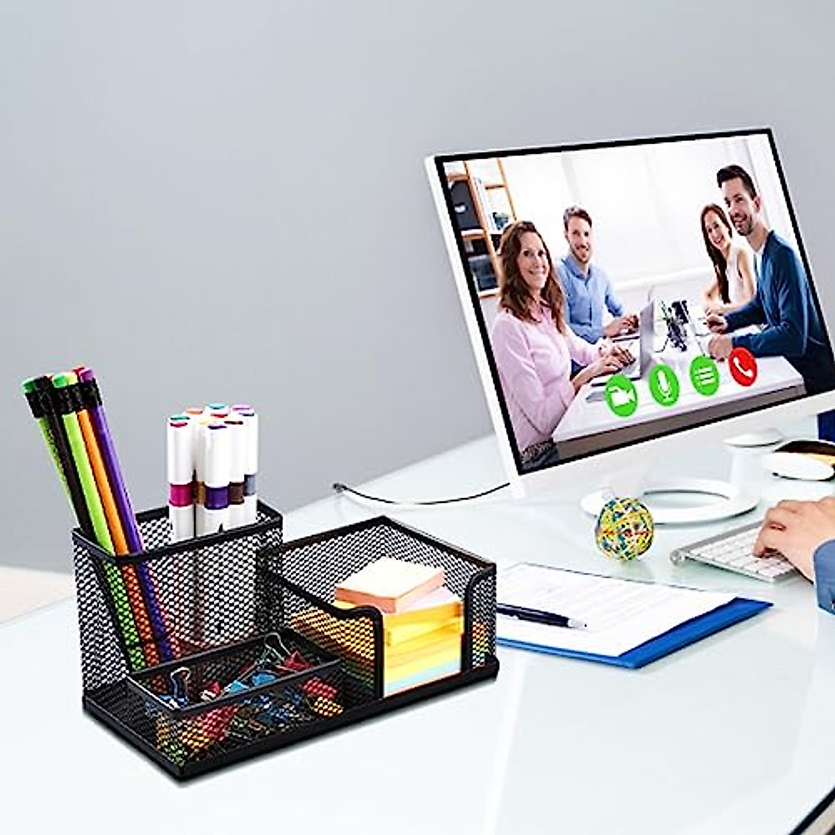 Byjoph Pen Holder for Desk Mesh Metal Pencil Holders Pen Cup Marker Holder Desk Caddy with Sticky Notes Holder Pen Organizer for Office Supplies Workspace School Home Black