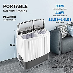 BANGSON Portable Washing Machine, 17.6 lbs Washer(11Lbs) and Spinner(6.6Lbs), Mini Compact Twin Tub Washing Machine, Washer and Dryer Combo, Timer Control with Soaking Function(20mins), For Dorms, Apartments, RVs, (Black&White)