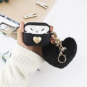 Wonhibo Cute Black Heart Airpods Pro Case for Women Girls, Kawaii Cover for Apple Airpod Pro 2019 with Pom Pom Keychain