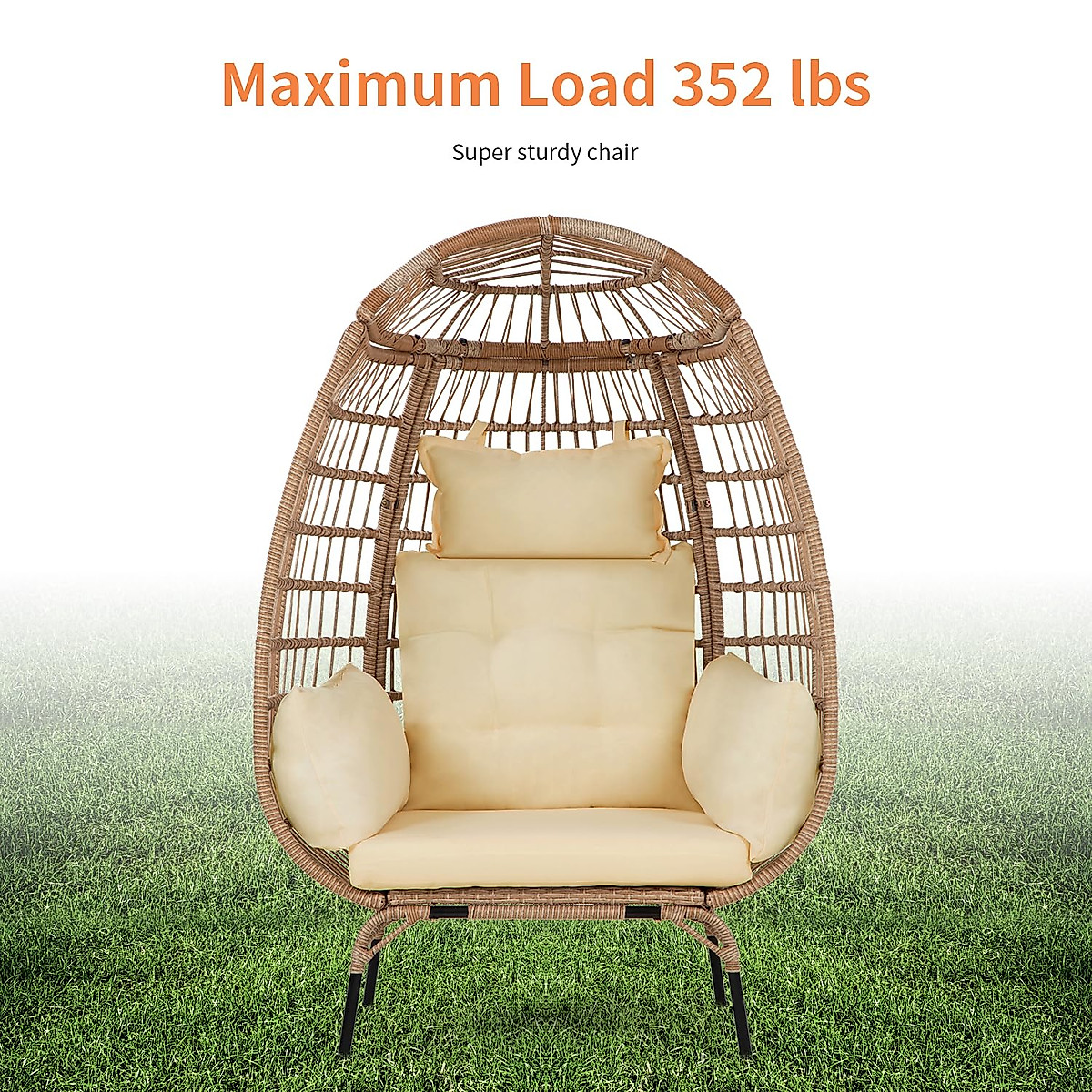 Egg Chair Egg Basket Lounge Chair Rattan Chair Steel Frame Oversized Indoor Outdoor Lounger Simple Installation with 4 Comfort Cushion and Stand,352lb Capacity for Patio Garden Living Room,White