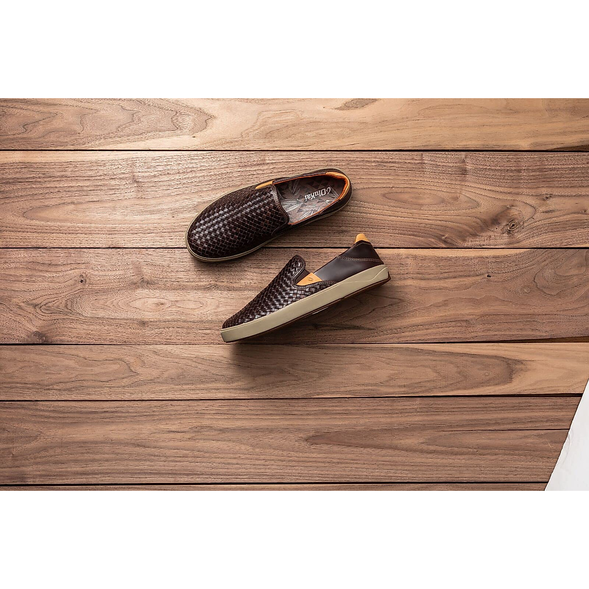 OLUKAI Lae'ahi Lauhala Men's Slip On Sneakers, Drop-in Heel & All-Day Comfort, Breathable Lining, Premium Leather, Dk Wood/Dk Wood, 11