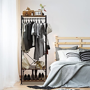 KELIXU Freestanding Coat Rack with Shoe Storage, Industrial Hall Tree Entryway Closet Organizer Shelf and Hooks, Closet Garments Shelf on Wheels for Hallway, Bedroom(Rustic Brown)