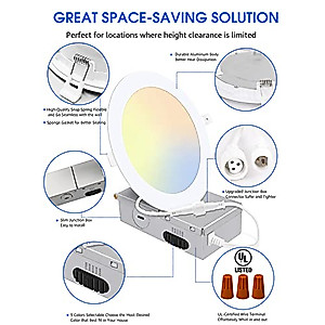 12 Pack 5CCT Ultra-Thin LED Recessed Lighting 6 Inch, Downlight with Junction Box, 2700K/3000K/4000K/5000K/6500K Selectable, 12W 110W Eqv, Dimmable Wafer Lights, 1050LM Canless LED Recessed Light, ETL