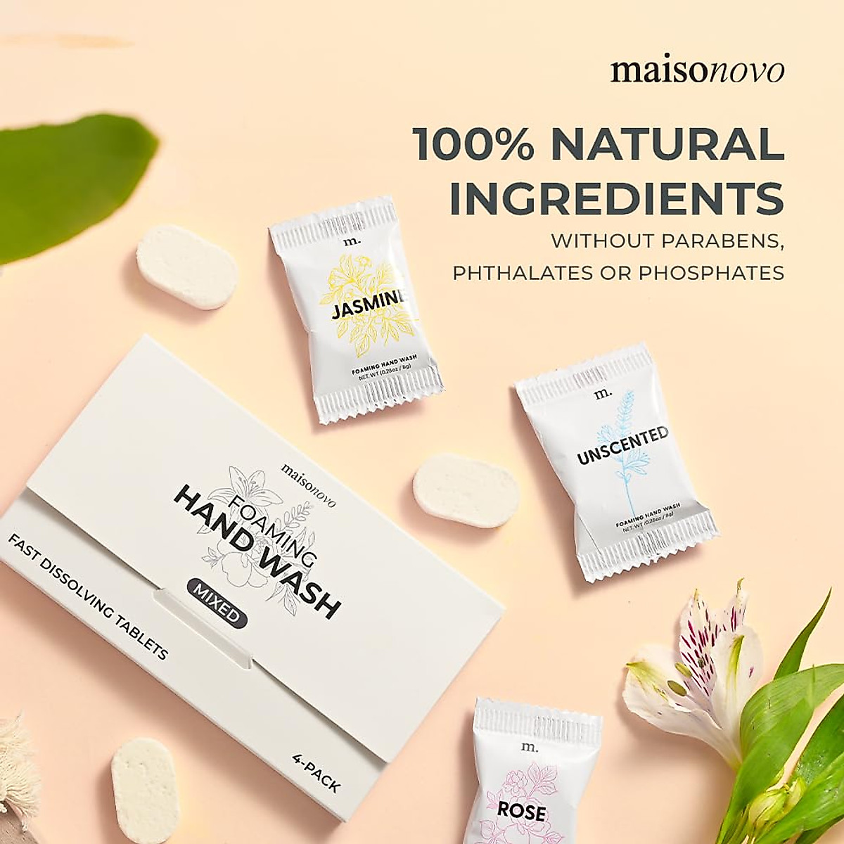 MaisoNovo Foaming Soap Dispenser - Hand Soap Refills for Foaming Dispenser - Amber Bottle 14 oz - 4 Mix Tablets