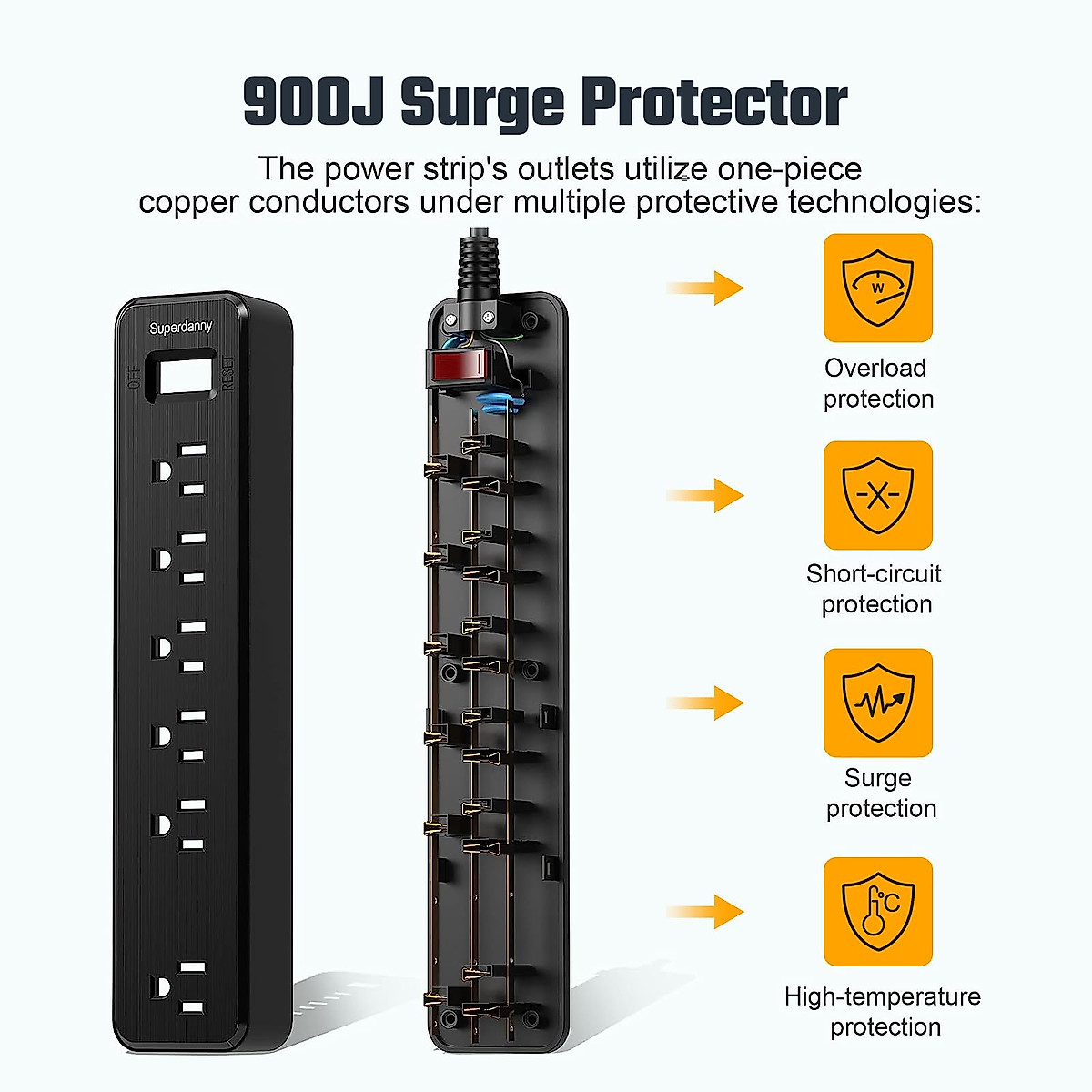 SUPERDANNY 6-Outlet Surge Protector Power Strip, 4.5 Ft Extension Cord, 900 Joules, Overload Switch, Standard Plug, Grounded, Integrated Circuit Breaker, Wall Mount, for Home, Office, Black
